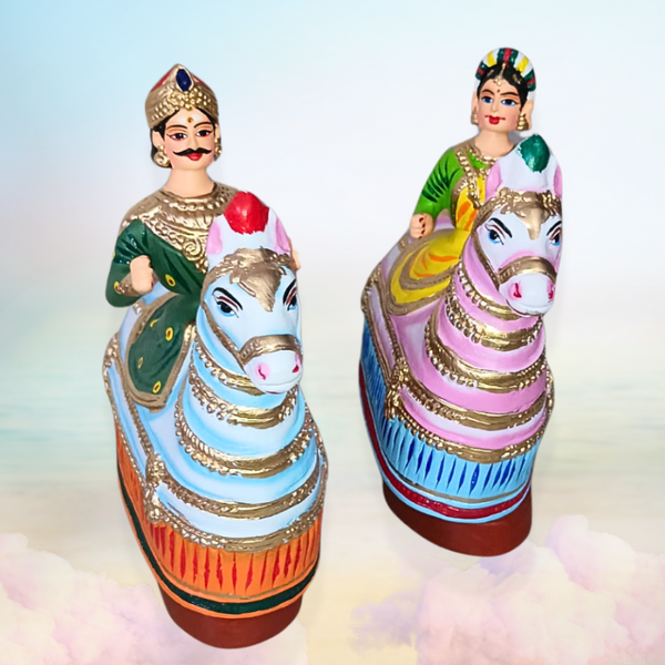 13" Set of 2 Tanjore Dancing dolls Poikkaal Kuthirai Raja Rani Horse T ...