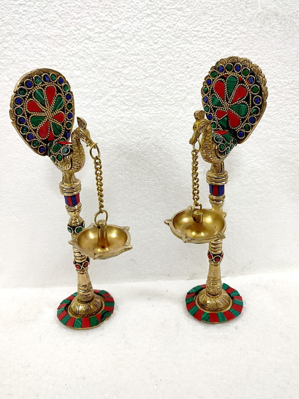 Brass Peacock chain diya Set with Stonework - UGoTrendy